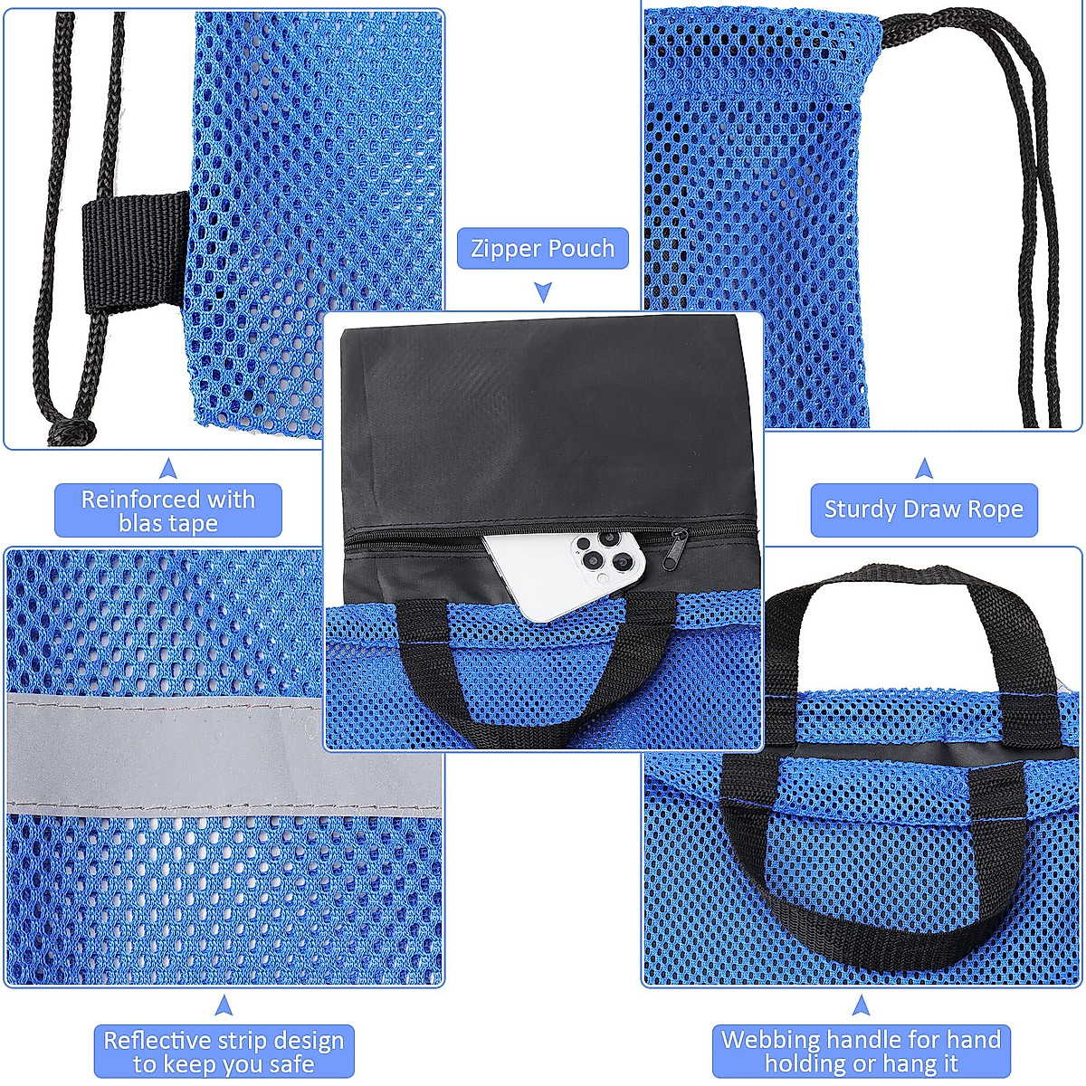 4 Pcs Summer Reflective Large Mesh Drawstring Bag with Zipper Pocket Net Quick Drying Swimming Bag Beach Soccer Mesh Backpack Foldable Swim Gear Bag for Adults Teens Sports Gym Equipment, 4 Colors