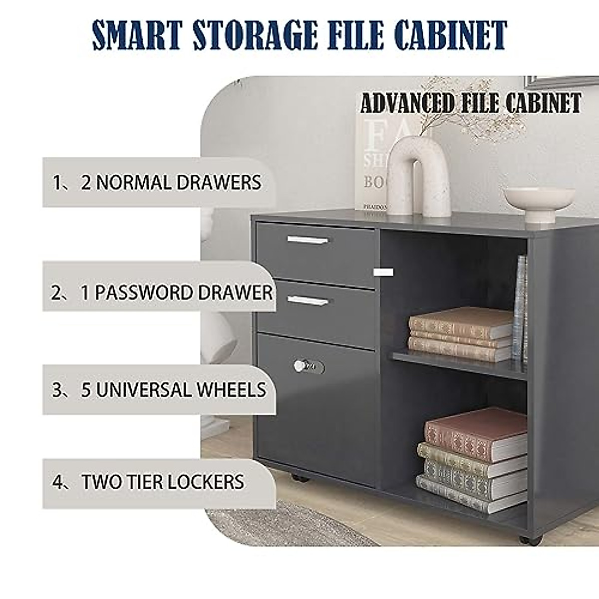 Heliosphere Modern 3 Storage Drawer File Cabinet with Coded Lock, Wood Printer Stand with Open Storage Shelves/Mobile Lateral Filing Cabinet/Easy Assemble for Home Office Bedroom (Dark Gray)