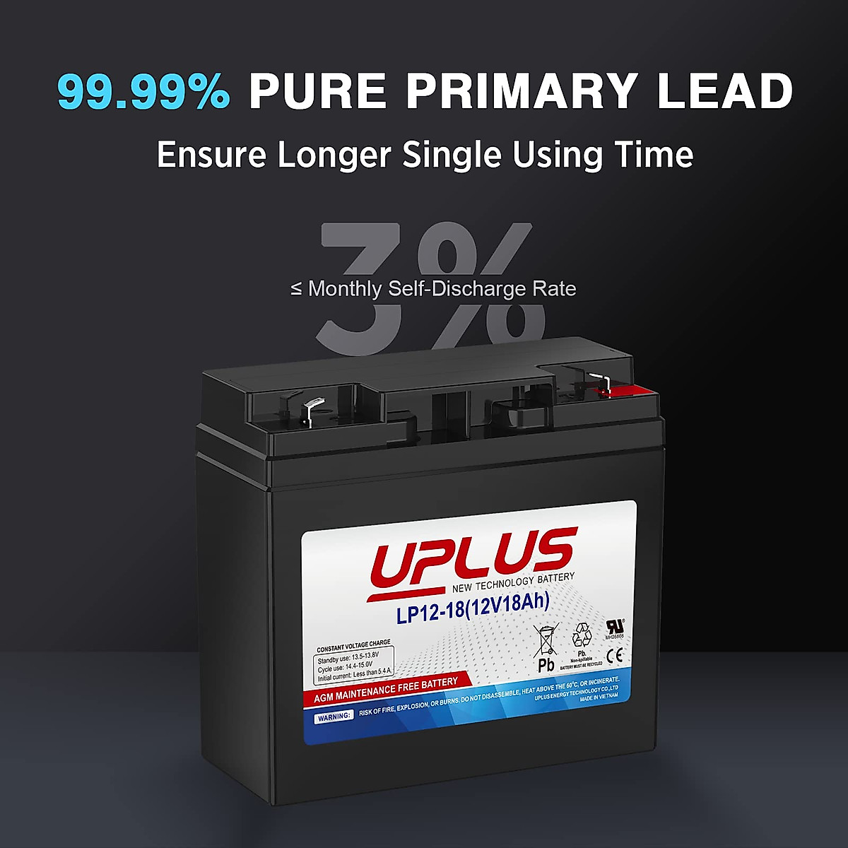 UPLUS 12V 18Ah Rechargeable Sealed Lead Acid Battery - DJW12-18AB SLA AGM Battery with T2 Terminals for Garage Doors, Security Systems, Burglar Alarms, Fire Alarms, Toys