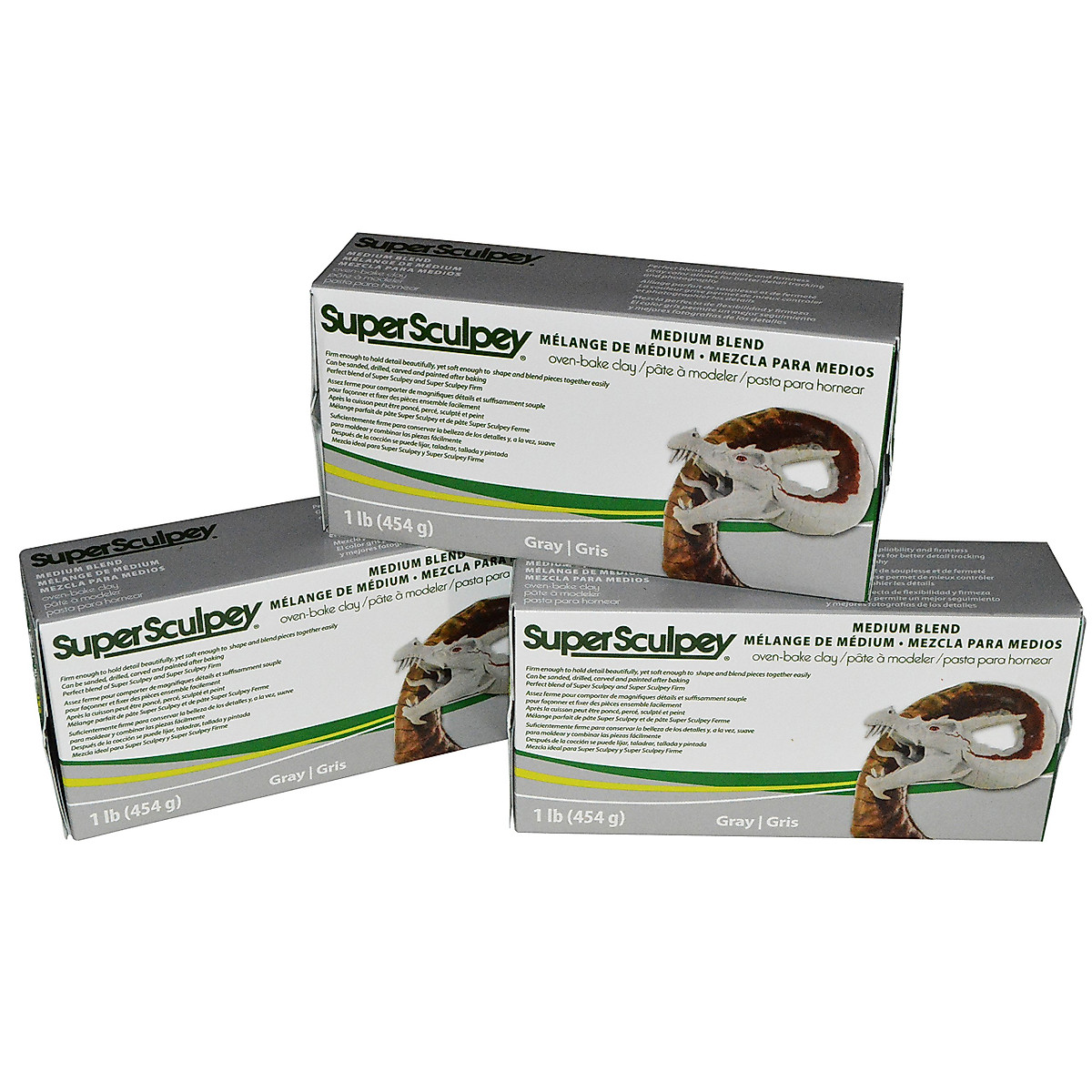 Super Sculpey Medium Blend Gray Oven-Bake Clay - Blend of Super Sculpey and Super Sculpey Firm - 1 Lb, Pack of 3