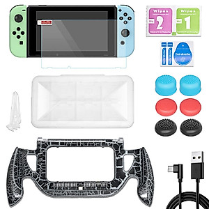 Grip Case with Stand for Nintendo Switch,Ergonomic Comfort Handles with Game Card Box USB C Charging Cable Protective Case Kit，with Tempered Glass Screen Protector & Thumb Grip Cap