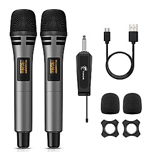 TONOR Wireless Microphones, UHF Dual Karaoke Microphone System, Microfonos Inalambricos with Rechargeable Receiver, Cordless Dynamic Mic Micro Set for Singing, Wedding, DJ, Party, Speech TW320 Grey