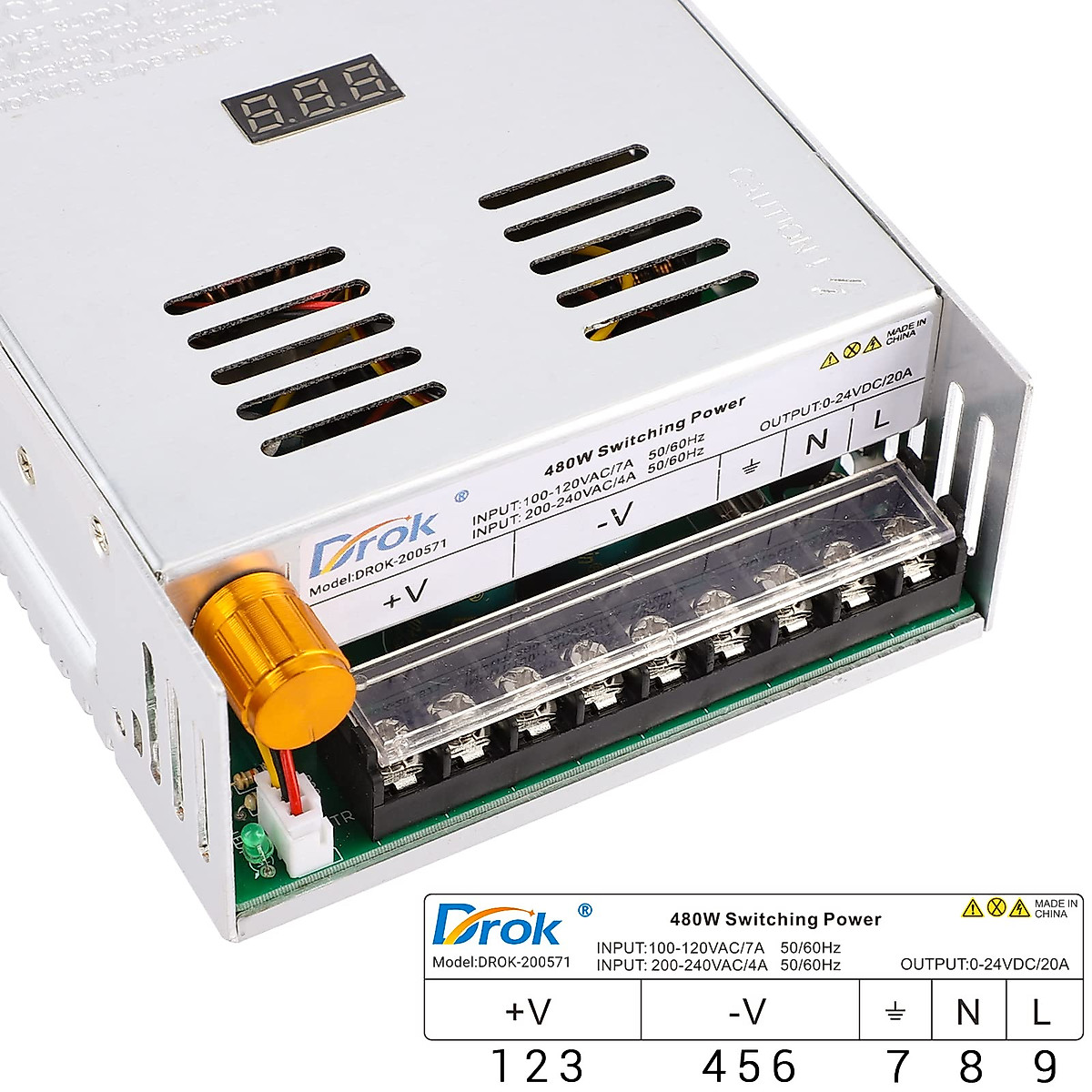DROK 24V Power Supply, AC 110V/220V to DC 0-24V 20A 480W Buck Converter, Variable Adjustable Adapter Regulated 5V 12V 24V Volt Switching Voltage LED Transformer 20A Amp Charger for Computer Lab
