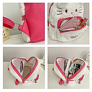 Cute Mini Plush Backpacks for Girls and Women, Kawaii Cat Face Soft Fuzzy Purse Handbags, Pink