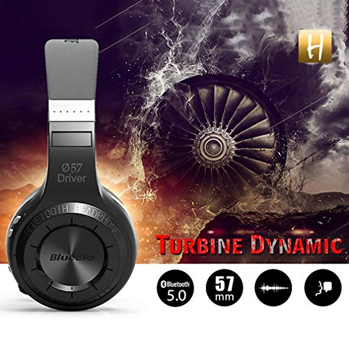 Bluedio Turbine H Wireless Bluetooth 5.0 Stereo Headphones with Mic, Shocking Bass Headphones with Storage Bag for Music Enthusiast, Voice Control (on Ear, Black)