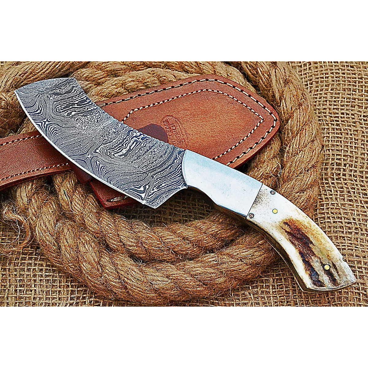 HUNTEX Handmade Hand-Forged Twist Pattern Damascus Steel 9 Inch Long Full Tang Natural Deer Antler Handle Razor Sharp Hunting Camping Cleaver Knife w/Genuine Leather Sheath