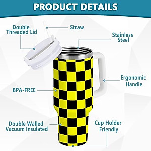 Caikeny Insulated Tumblers with Lid and Straw Checkerboard Yellow 40 oz Reusable Stainless Steel Cup Black Water Bottle Coffee Travel Tumbler Mug for Women Men