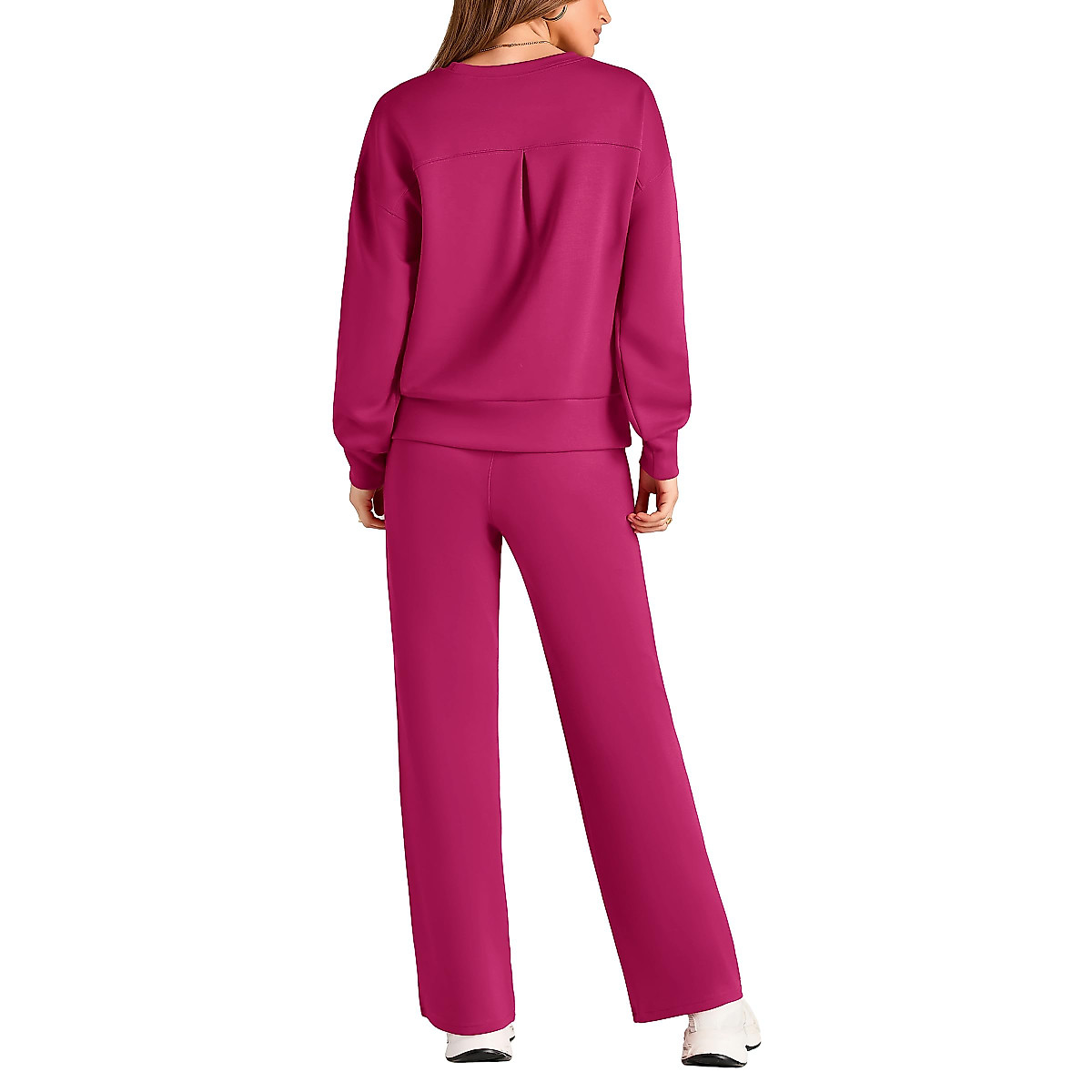 PRETTYGARDEN Women Two Piece Sweatsuits 2024 Long Sleeve Pullover Tops Wide Leg Pants Sets Matching Sweat Outfits (Rose Red,Large)