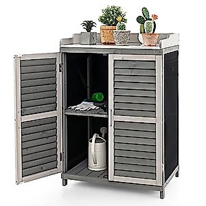 Goplus Outdoor Potting Bench Table, Garden Storage Cabinet w/Metal Tabletop, Roll-up Side Door, Solid Wood Potting Workstation for Garden, Patio, Grey