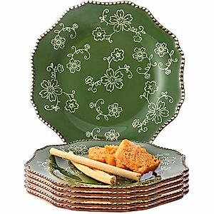 KUNABOO Artisanal Small Ceramic Plates, Salad Plates, Dessert Plates Ceramic Plates Set of 6-7.8” - Sakura Floral Series Pine Green - Ready to Wrap Gift