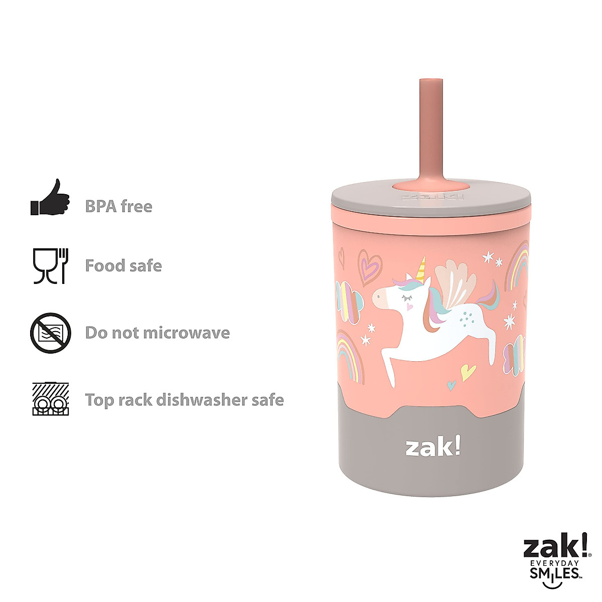Zak Designs Unicorn Mighty Tot Kids Tumbler with Screw-On Lid and Silicone Straw, Durable and Spill-Proof with Tip-Proof Base is Easy to Lift, Perfect Baby Cup Bundle (10 oz, 2-Piece Set, Unicorn)