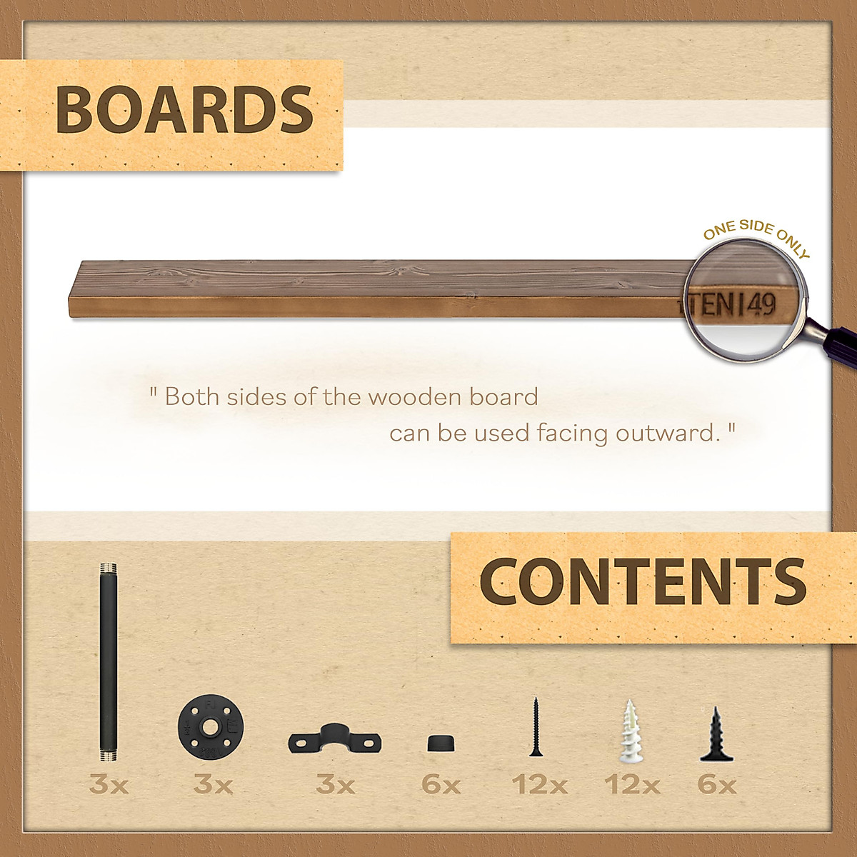 TEN49 Industrial Rustic Wood Wall Shelf - 60" Espresso Real Wooden Shelf w/ 1.8" Extra Thickness - Modern Interior Decor Floating Shelving w/ Pipe Brackets - Farmhouse Style Bookshelf - Set of 1