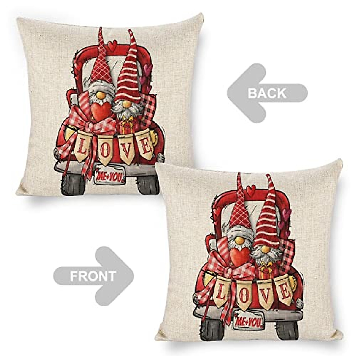 Love Gnomes Truck Throw Pillow Covers 18×18 Pillowcases Set of 2 Valentine's Day Cute Linen Decorative Square Pillow Case Cushion Covers Standard Size for Sofa Couch Outdoor Bed Pillow Protectors