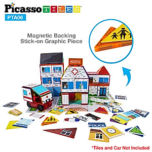 PicassoTiles 80pc School, Hospital, Police Station 3-in-1 Theme Magnet Self Adhesive Backing Stick-On Puzzle Graphic Kit and Overlay Maps for Magnetic Building Blocks STEM Learning Construction Toy
