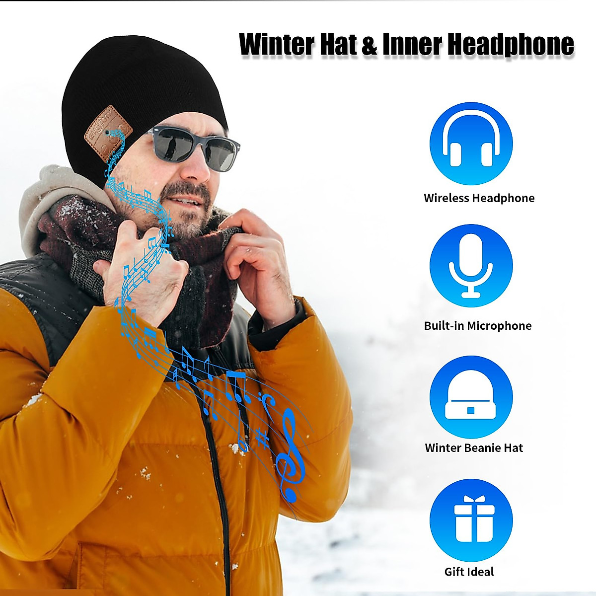 Euezmy Bluetooth Beanie for Men, Bluetooth Hat Beanie with Headphones, Winter Knit Music Hat Beanie, Things for Men, Xmas Gifts for Men Women Dad Husband, Black