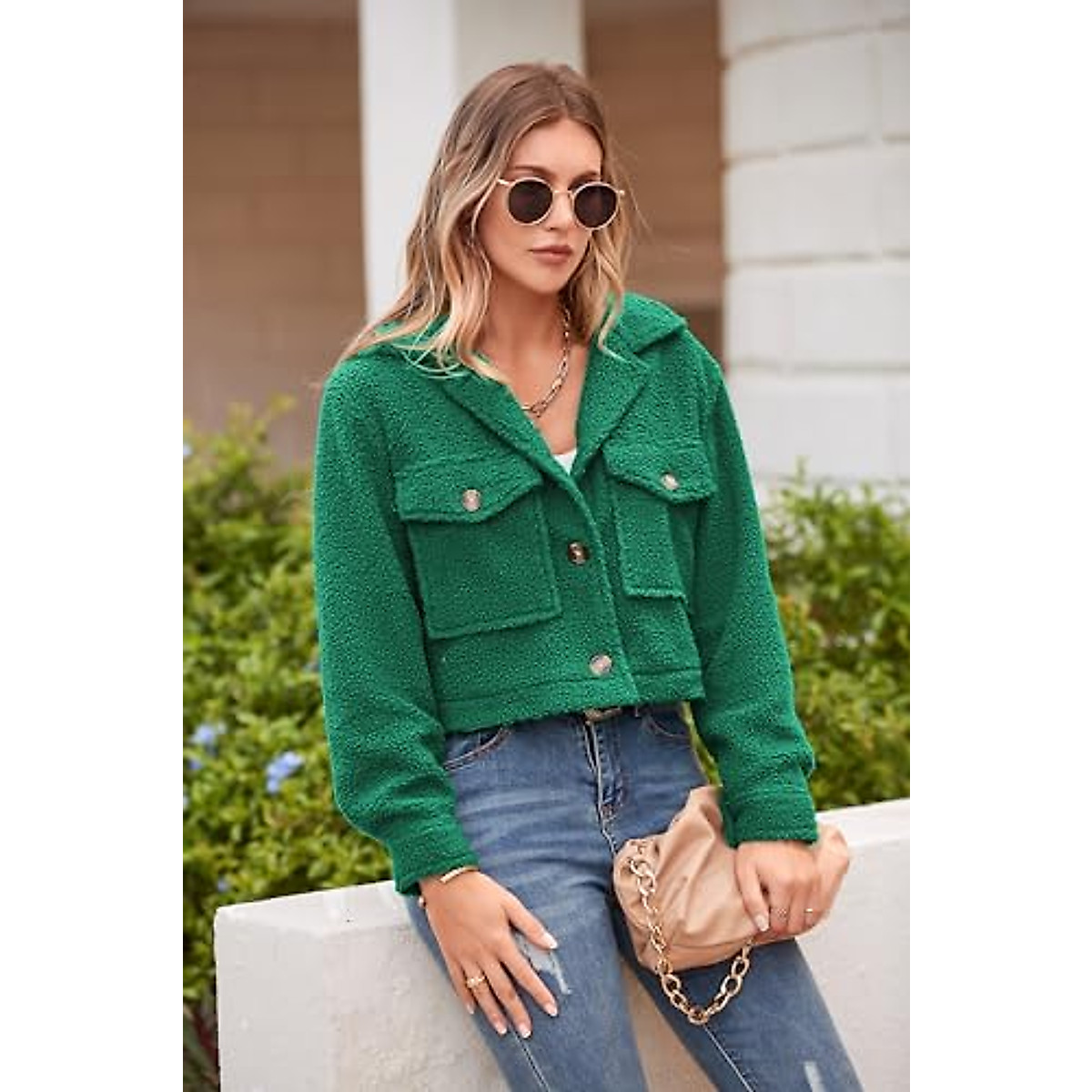 PRETTYGARDEN Womens Fall Clothes Sherpa Shacket Jacket Fuzzy Lapel Button Down Cropped Coat Winter Outerwear (Green,Large)