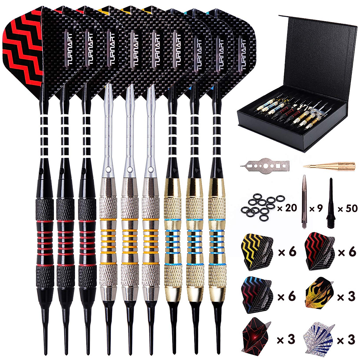 Darts Plastic Tip - Professional Soft Tip Darts Set for Electronic Dartboard 9 Pcs 18 Grams with 50 Extra Tips 9 Shafts 27 Flights Tool Kit Flight Protectors and Gift Darts Case (Gold)
