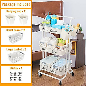 JOLEAD Baby Diaper Caddy Organizer Cart Movable, 3-Tier Sturdy Newborn Nursery Essentials Storage Cart for Changing Tables, with Mesh Baskets Hanging Cups and Sticker, Easy to Assemble