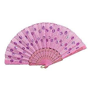 PHONME Folding Fan Chinese Hand Held Fan Silk Folding Spanish Style Flower Dance Party Wedding Fan Home Decoration Vintage style (Color : Khaki)