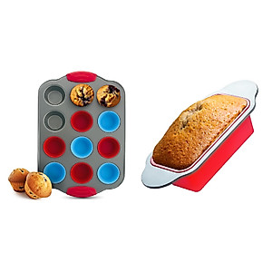 Boxiki Kitchen Baking Essentials - 12 Cup Mini Muffin Pan with Silicone Liners & Silicone Bread Loaf Pan 9 x 5 Inch.
