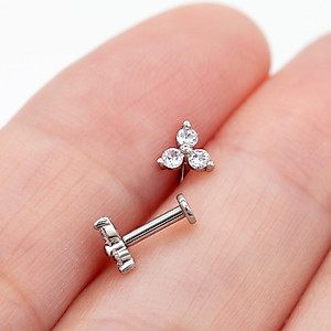 Designfy 14K White Gold Threadless Earring Top Push in Triple Clear CZ Flat Back Nose Stud Threadless Cartilage Earring Helix Stud Tragus Piercing Jewelry for Women Men 6mm