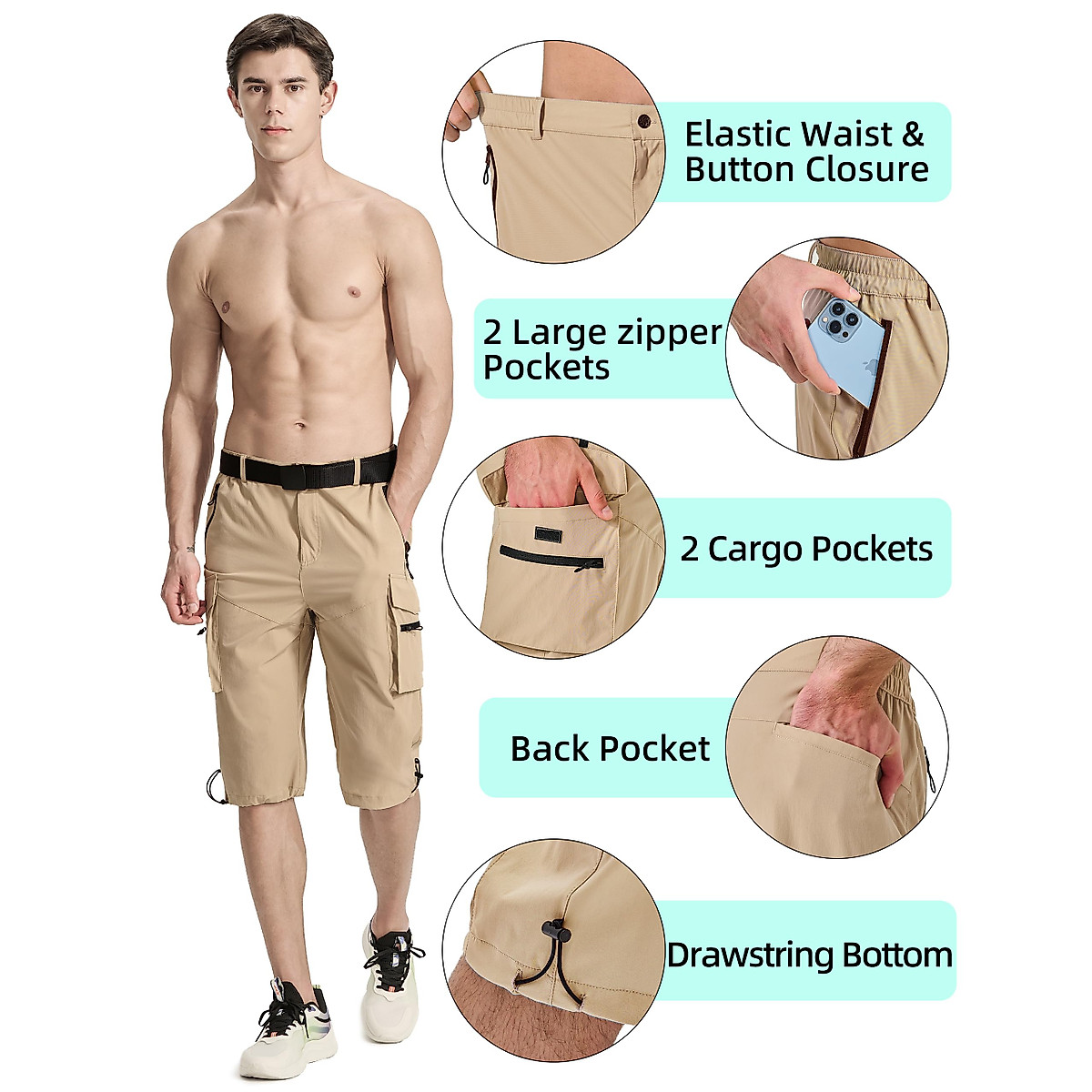 Pausel Men's Hiking Cargo Shorts Big and Tall Summer Capri Pants Travel Shorts with Zipper Pockets for Golf Fishing Camping Khaki 4XL