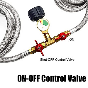 Upgraded 5FT Propane 2 Way Splitter Adapter Hose Stainless Braided Propane Y Splitter Hose 1 lb to 20 lb Converter with Shut Off Valve with Gauge Propane Hose Adapter 1lb Appliance to QCC1 5-40lb Tank