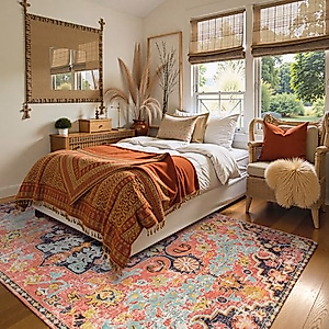 Lahome 5x7 Boho Living Room Rug Colorful Bedroom Rug, Large Bohemian Nursery Rug, Hot Pink Non-Slip Machine Washable Soft Playroom Mat Indoor Floor Accent Carpet for Dining Table Mud Room