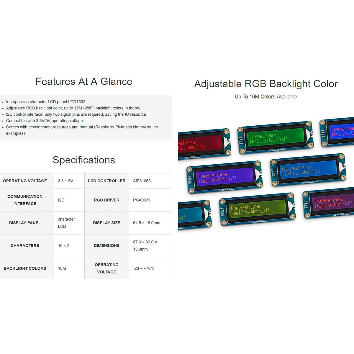 waveshare for Arduino Raspberry Pi/Pi Pico Jetson Nano, LCD1602 RGB Module 16x2 Characters up to 16 Million Colors Adjustable RGB Backlight Color I2C Interface 3.3V/5V