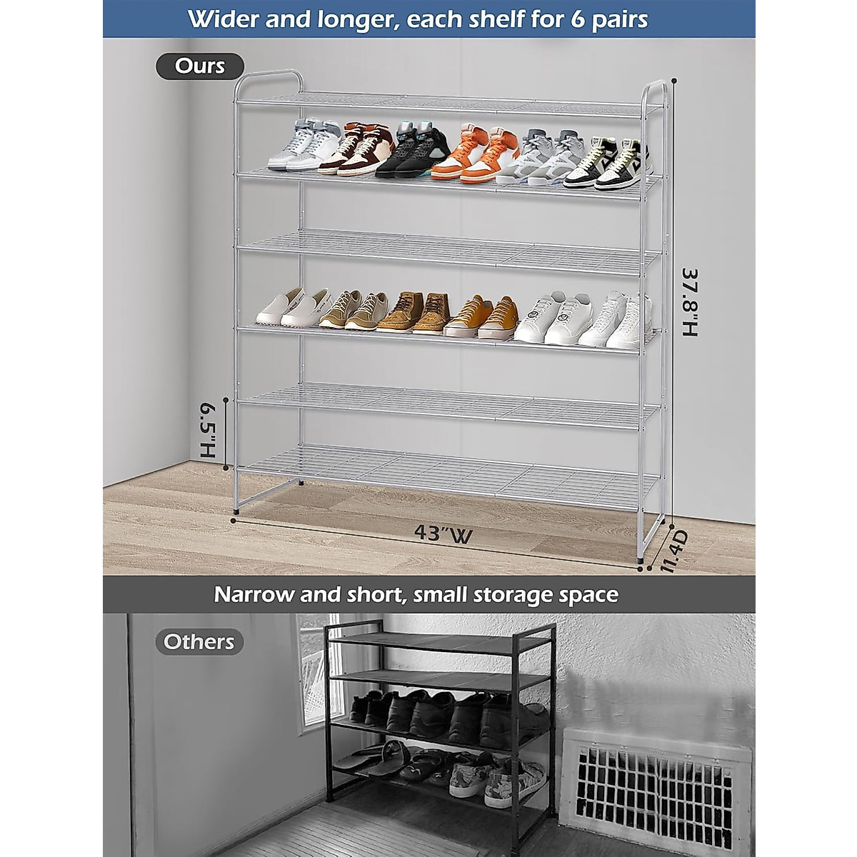KEETDY Long 6 Tier Shoe Rack Organizer Tall Metal Shoe Organizer for Entryway Bedroom Floor Garage, Wide Shoe Shelf Storage Fits 42 Pairs Men Sneakers, Gray