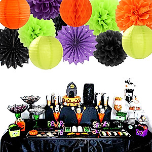 Black-Orange Purple Green Halloween Party-Decorations - 14pc Kit Paper Lanterns Fan,Tissue Flower Pom Poms Streamers,Honeycomb Balls,Birthday Supplie Wedding Baby Bridal Shower Decor Lasting Surprise