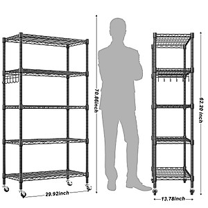Homdox 5 Tier Metal Storage Shelves with Wheels, Heavy Duty Wire Shelving Unit, Adjustable Storage Racks with Side Hooks for Bathroom Kitchen Garage Pantry Organization, Black