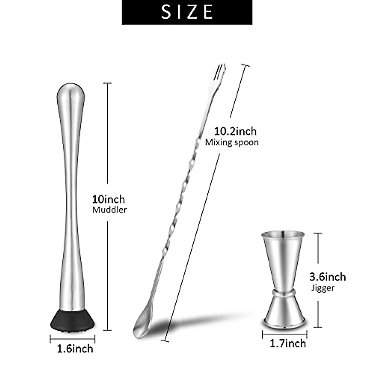 Stainless Steel Muddler for Cocktails,Mixing Spoon and Measuring Jigger,Professional Bar Tools,10-inch Bar Muddler for Making Mojitos,Margaritas and Other Fruit Based Drinks.