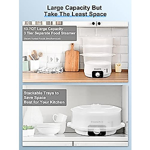 Cozeemax 3 Tier Electric Food Steamer for Cooking, 13.7QT Vegetable Steamer for Fast Simultaneous Cooking, Veggie Steamer, Food Steam Cooker, 60 Minute Timer, BPA Free Baskets, 800W(White)