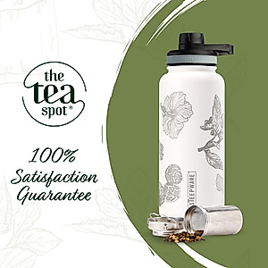 The Tea Spot Himalayan Tea Tumbler - Travel Bottle with Tea Infuser for Loose Leaf Tea or Iced Coffee - 32oz, White-Etched - Double-Walled Insulated Bottle - Keeps Drinks Hot & Cold for Hours