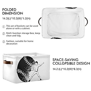 Sletend Baseball Sport Rectangular Storage Bin Foldable Sturdy Organizer Basket with Leather Handles for Organizing Home Office Nursery-1Pack