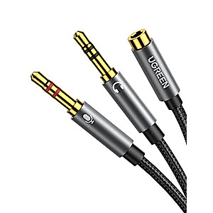 UGREEN Headphone Splitter for Computer 3.5mm Female to 2 Dual 3.5mm Male Braided Audio Splitter Cable Microphone Stereo Jack Earphones Port Cord Gaming Headset to PC Laptop Adapter Black