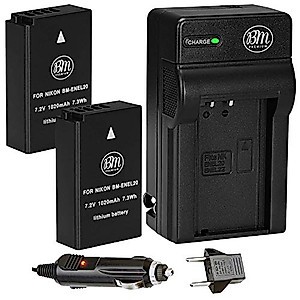 BM Premium 2 Pack of ENEL20, EN-EL20A Batteries and Battery Charger for Nikon Coolpix P950, P1000, DL24-500, Coolpix A, 1 AW1, 1 J1, 1 J2, 1 J3, 1 S1, 1 V3 Digital Camera