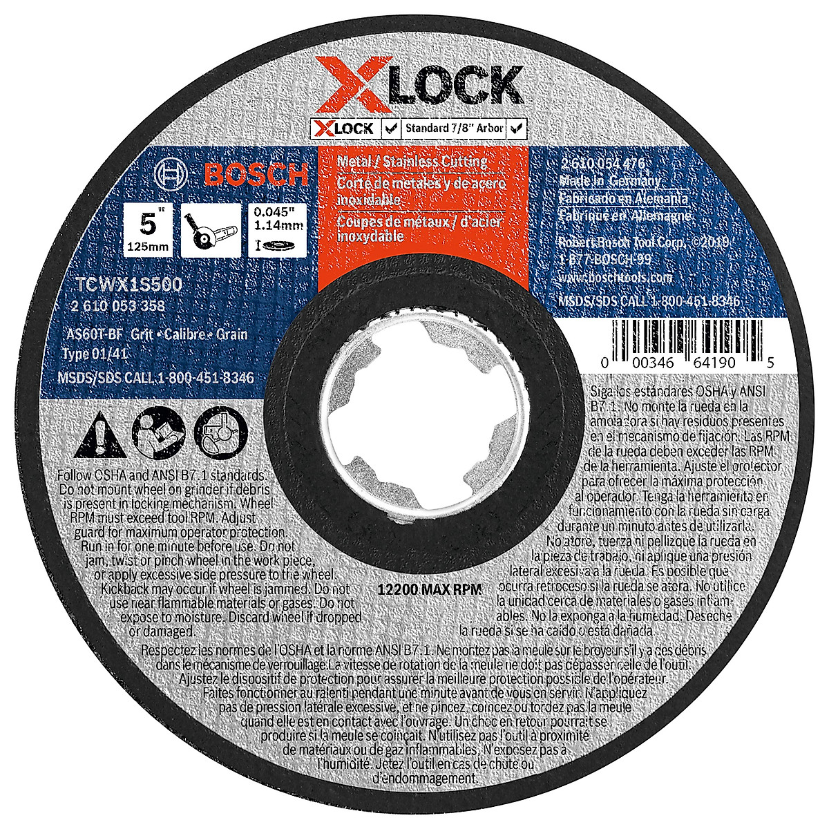 BOSCH TCWX1S500 5 In. x .045 In. X-LOCK Metal/Stainless Fast Cutting Abrasive Wheel 60 Grit Compatible with 7/8 In. Arbor Type 1A (ISO 41) for Applications in Metal, Stainless Steel Cutting