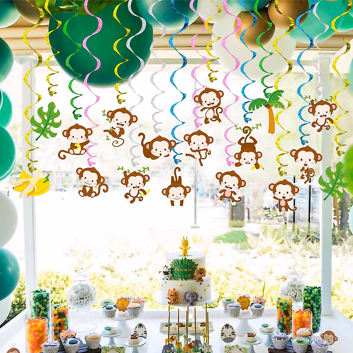 Little Monkey Hanging Swirl Banner Decor 30 Pack Green Jungle Forest Animal Foil Ceiling Streams Garland Banner Cutouts for Kids Zoo Wile One Life Baby Shower Birthday Party Supplies Room Wall Decor