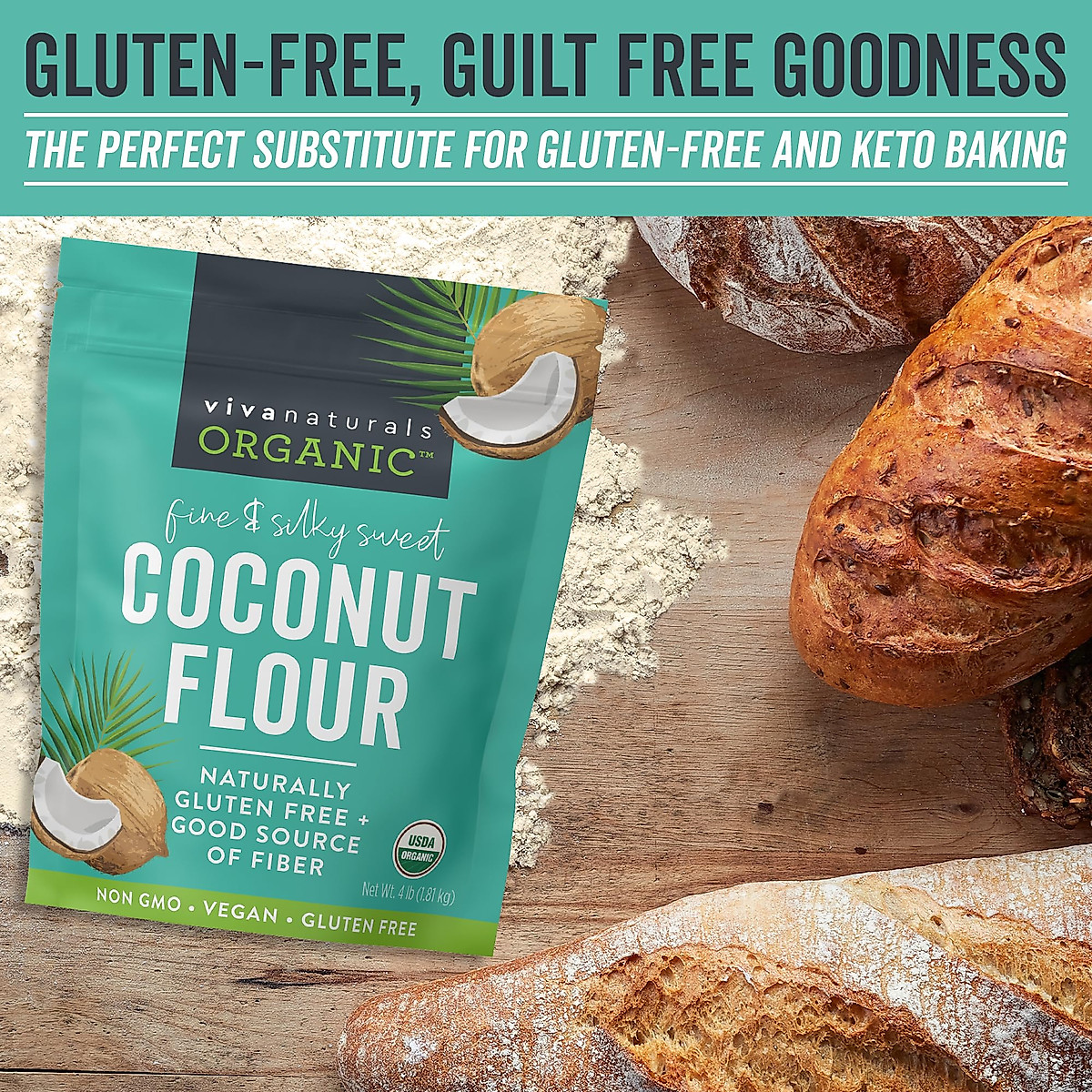 Viva Naturals Organic Coconut Flour (4 lbs) - Gluten Free Flour Substitute for Keto, Paleo and Vegan Baking, Low Fat and Fiber-Rich Coconut Baking Flour, Non-GMO, Unbleached and Unrefined, 1.81 kg