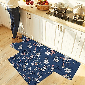 Kitchen Rugs Sets 2 Pces, Vintage Floral Print Elegant Flower Navy Blue Floor Mats Non Skid Door Rugs Runner Rug for Bathroom, Living Room, Laundries, Bedside, Bedroom