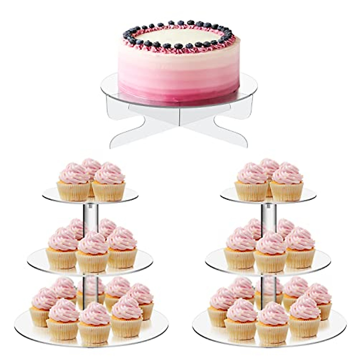 3 PCS Acrylic Cupcake Stand 2 Set of 3 Tier Clear Cupcake Stand Dessert Tower and 1 Tier Round Cake Stand Holder Bakery Display Serving Tray for Wedding Baby Shower Party Decor