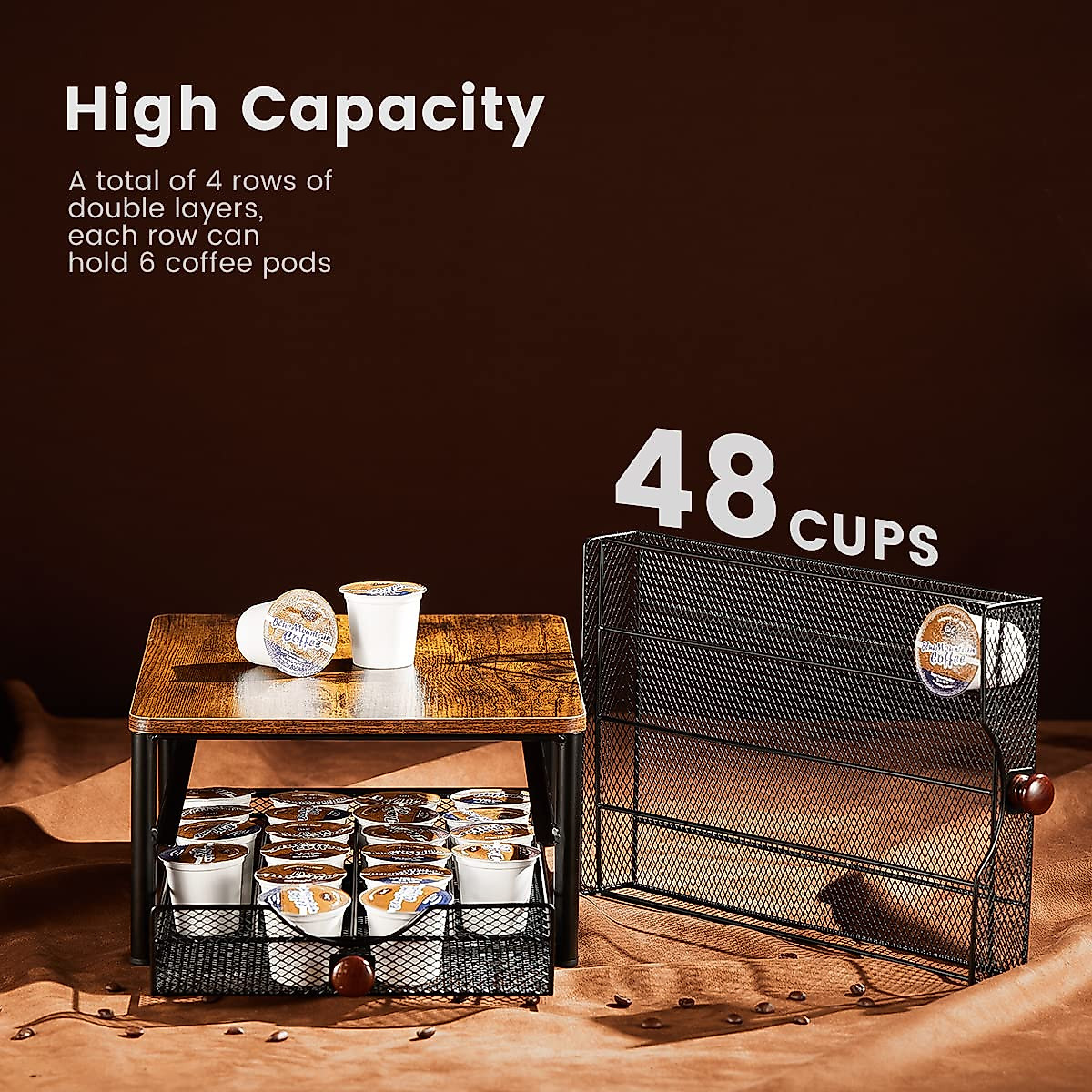 HOYRR K Cup Holder, K Cup Storage Rack, Coffee Station Coffee pods Organizer, 2-Layer Storage Drawer K Cup Holder , K Cup Holder of Wood and Iron,48 Capacity Capsule Pods Storage Organizer.