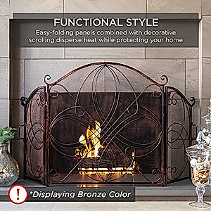 Best Choice Products 3-Panel 55x33in Solid Wrought Iron See-Through Metal Fireplace Screen, Spark Guard Safety Protector w/Decorative Scroll - Black