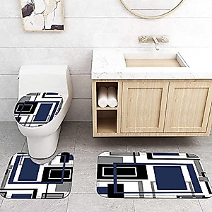 RENKTE 4 Pcs Blue and White Geometric Shower Curtain Sets with Rugs, Abstract Geometric Bathroom Decor Set with Non-Slip Rugs Toilet Lid Cover and Bath Mat, Waterproof Shower Curtains with 12 Hooks