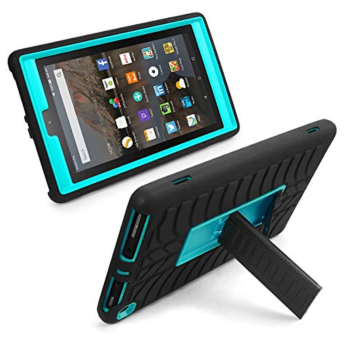 AICase HD 8 (2017 7th Gen) Case,3 in 1 Three Layer Hybrid Rugged Heavy Duty Shockproof Full Body Protective Cover (Black/Blue)