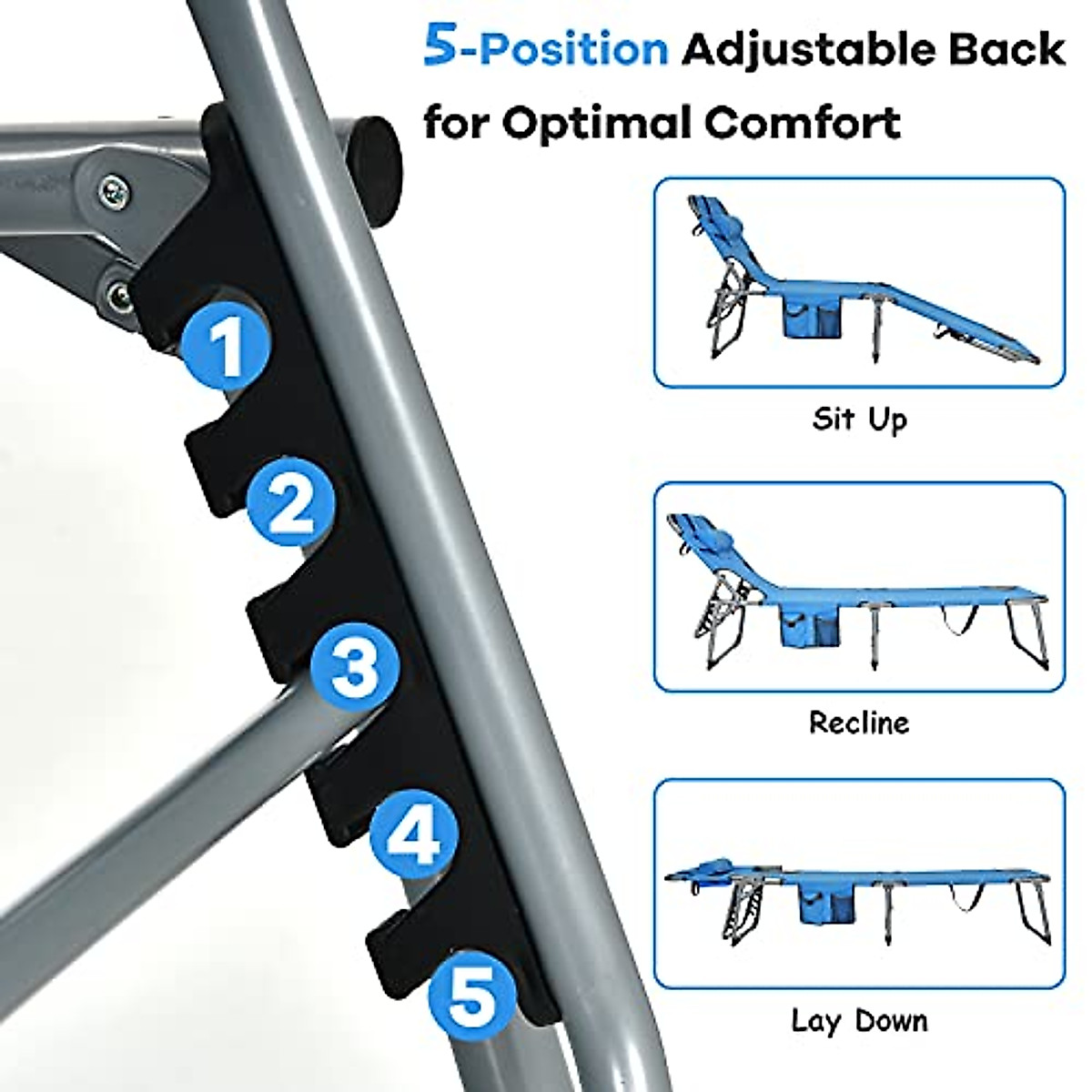 BANGTANE Tanning Chair, Lounge Chair for Outside, Portable Folding Beach Lounger w/ 5 Backrest Positions, Face Hole & Removable Pillow, 331LBS, Ideal for Poolside, Beach, Garden (Blue)