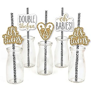 It's Twins - Paper Straw Decor - Gold Twins Baby Shower Striped Decorative Straws - Set of 24