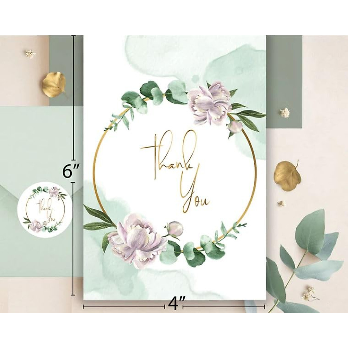 WHOLISTIC JOY Thank You Cards 48 ct Set | 6 Floral Designs Stationary | Gold Foil | Matching Envelopes & Stickers Designs | Special Occastion | Wedding, Birthday, Graduation, Baby Shower